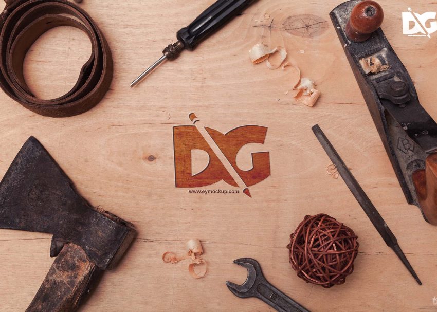 Free Wood Desk Table Logo Mockup