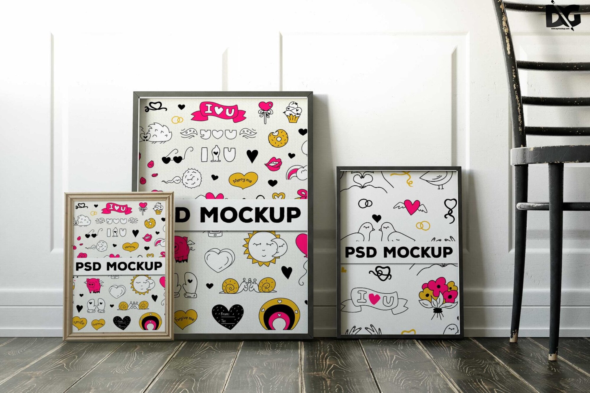 Free Wall Poster Mockup With Frames